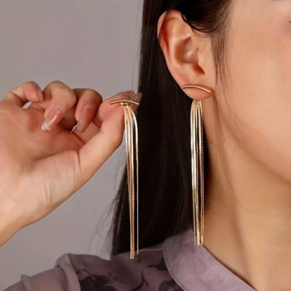 Anthropologie | Jewelry | New Gold Bar And Chain Fringe Earrings Front ...